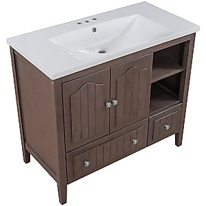 PIETFIU 36" Bathroom Vanity with Ceramic Basin Sink Set, Freestanding Bathroom Storage Cabinet with 2 Doors and 2 Drawers, Solid Frame, Metal Handles (Brown, 36 Inch)