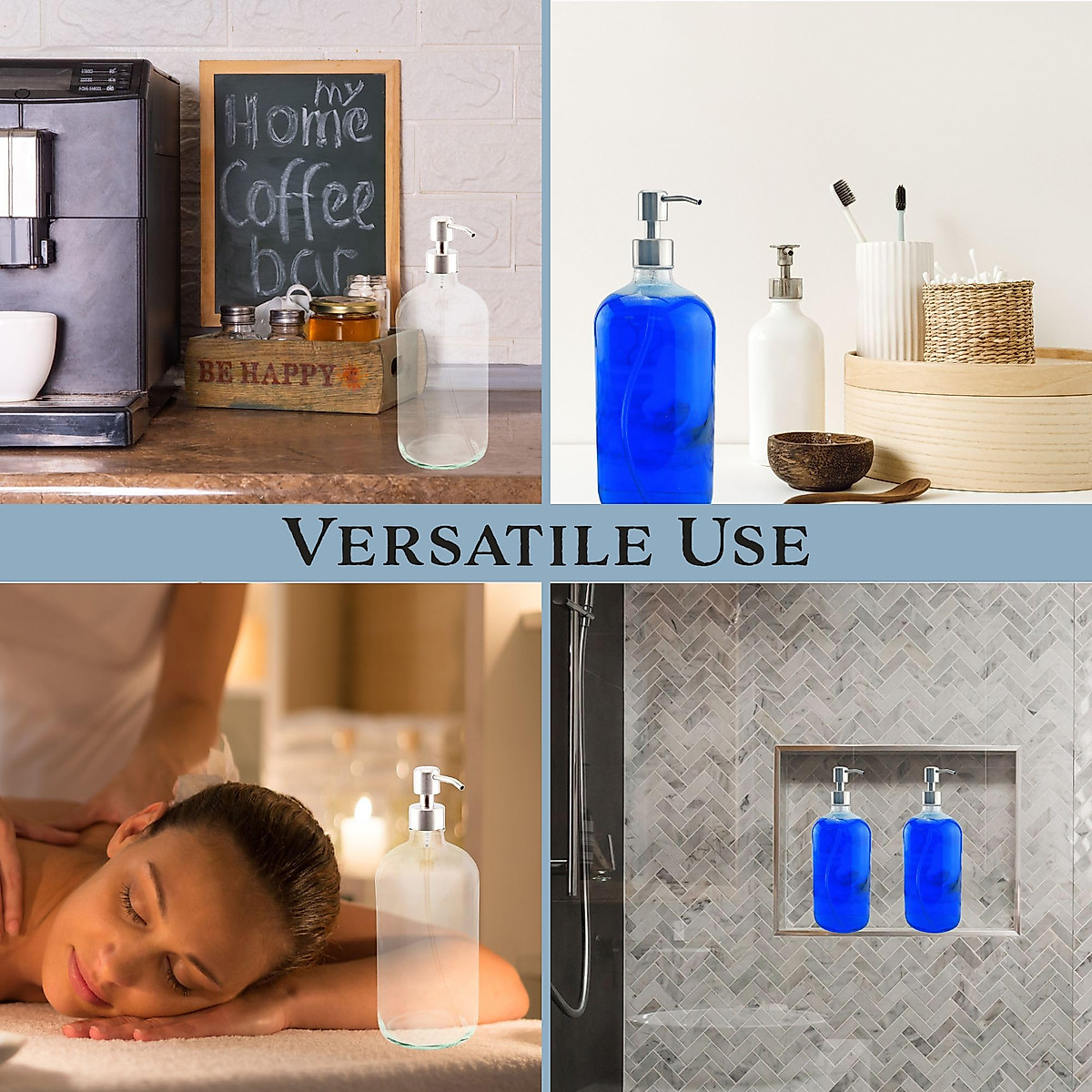 Cornucopia 32oz Glass Pump Bottles with Stainless Steel Pump (2-Pack, Clear); Economy Size Soap Dispenser for Massage Oils, Lotions, Liquid Soaps