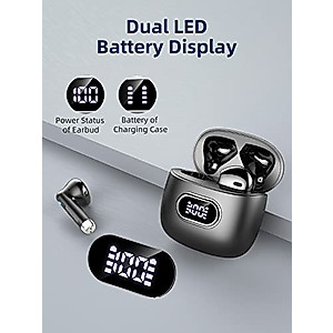 Wasart Wireless Earbud, Bluetooth 5.3 Headphones with 4 ENC Mics, 32H Bluetooth Earphones with Dual LED Display, Wireless Headphones in Ear IP7 Waterproof Bass, Ear Buds Noise Cancelling, USB-C, Black