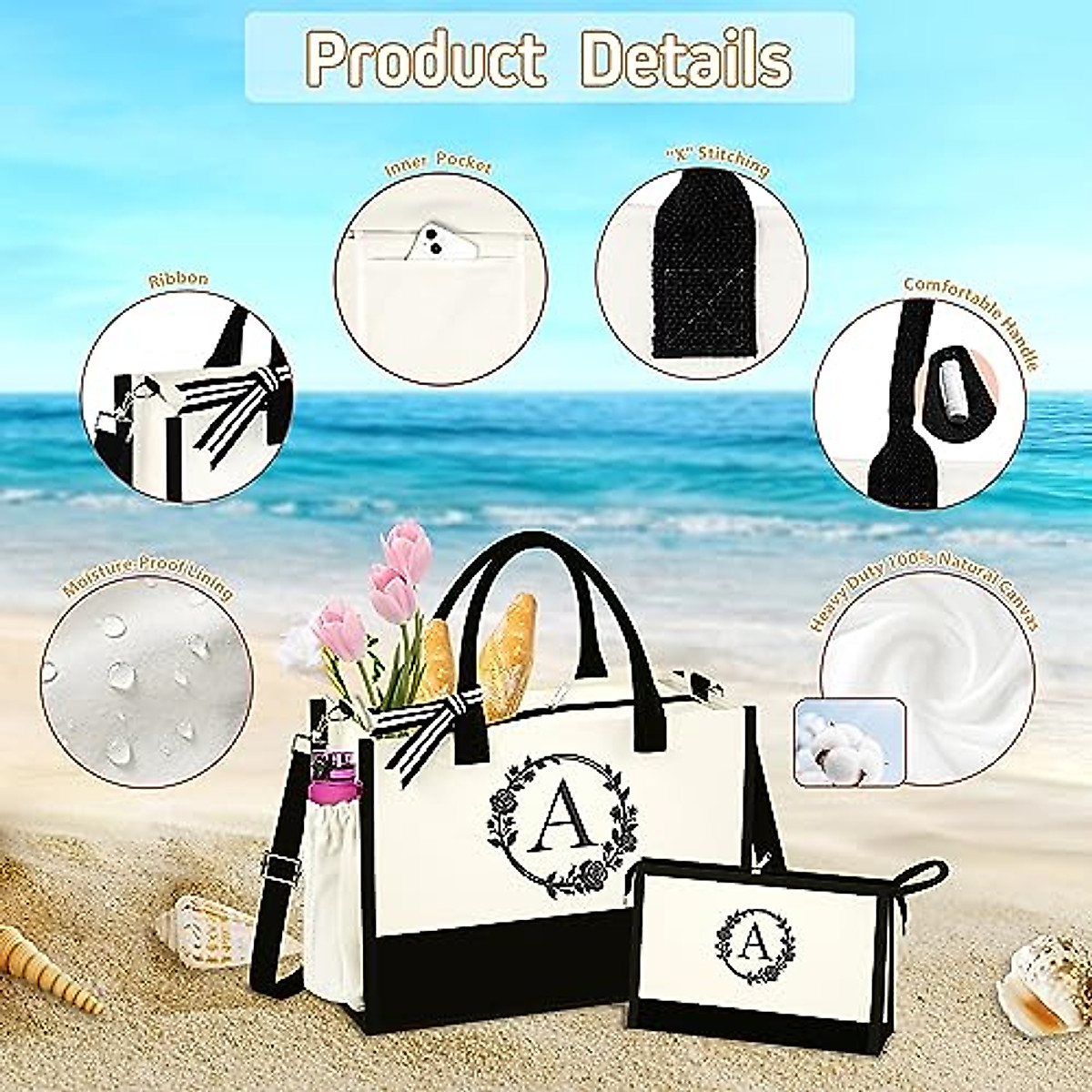 QLOVEA Large Initial Canvas Tote Bag with Zipper Travel Beach Bag with Embroidery Initial Gifts for Her Women
