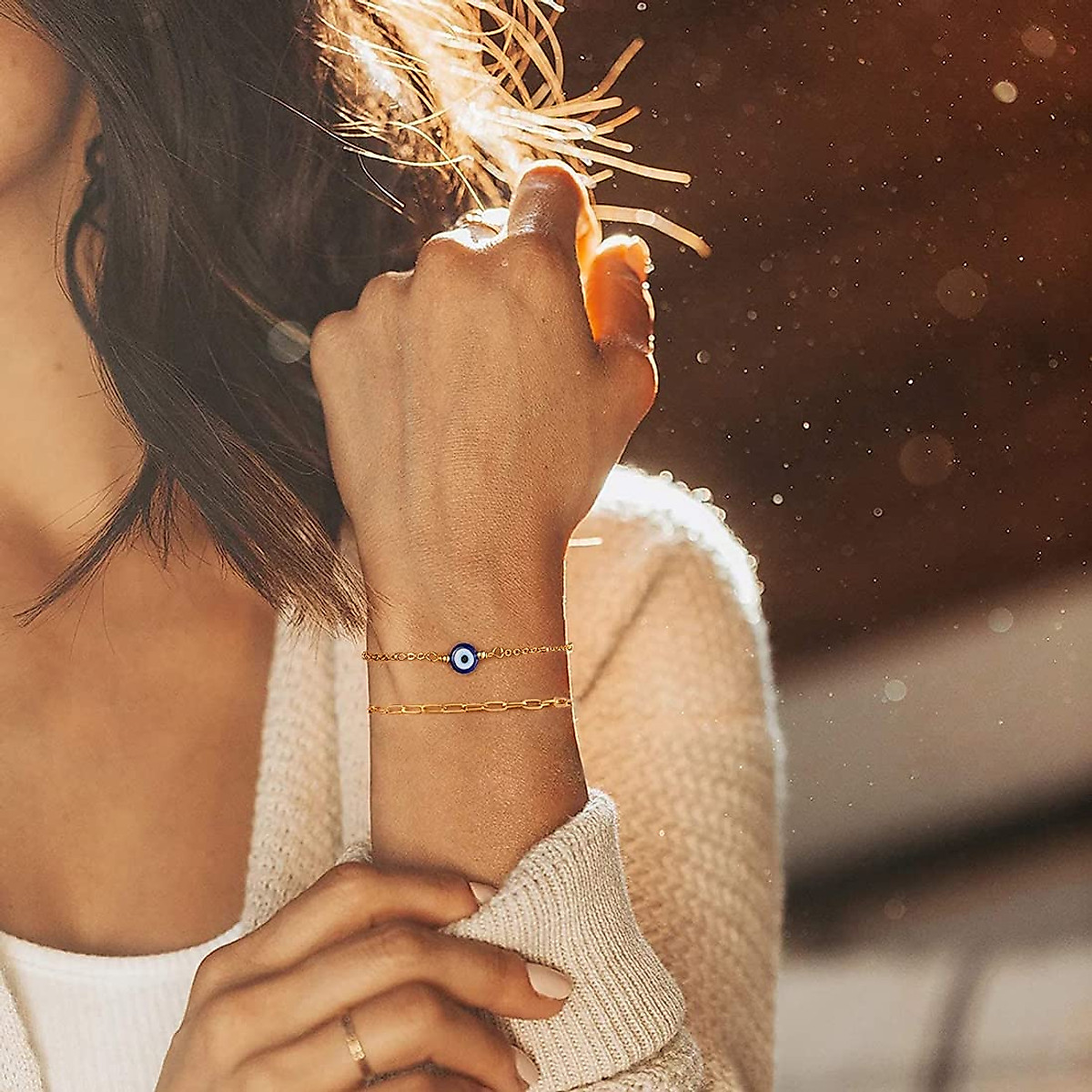 Tarsus Blue Evil Eye Bracelet for Women Adjustable Ojo Turco Kabbalah Amulet Nazar Layered 14K Gold Plated Bracelets