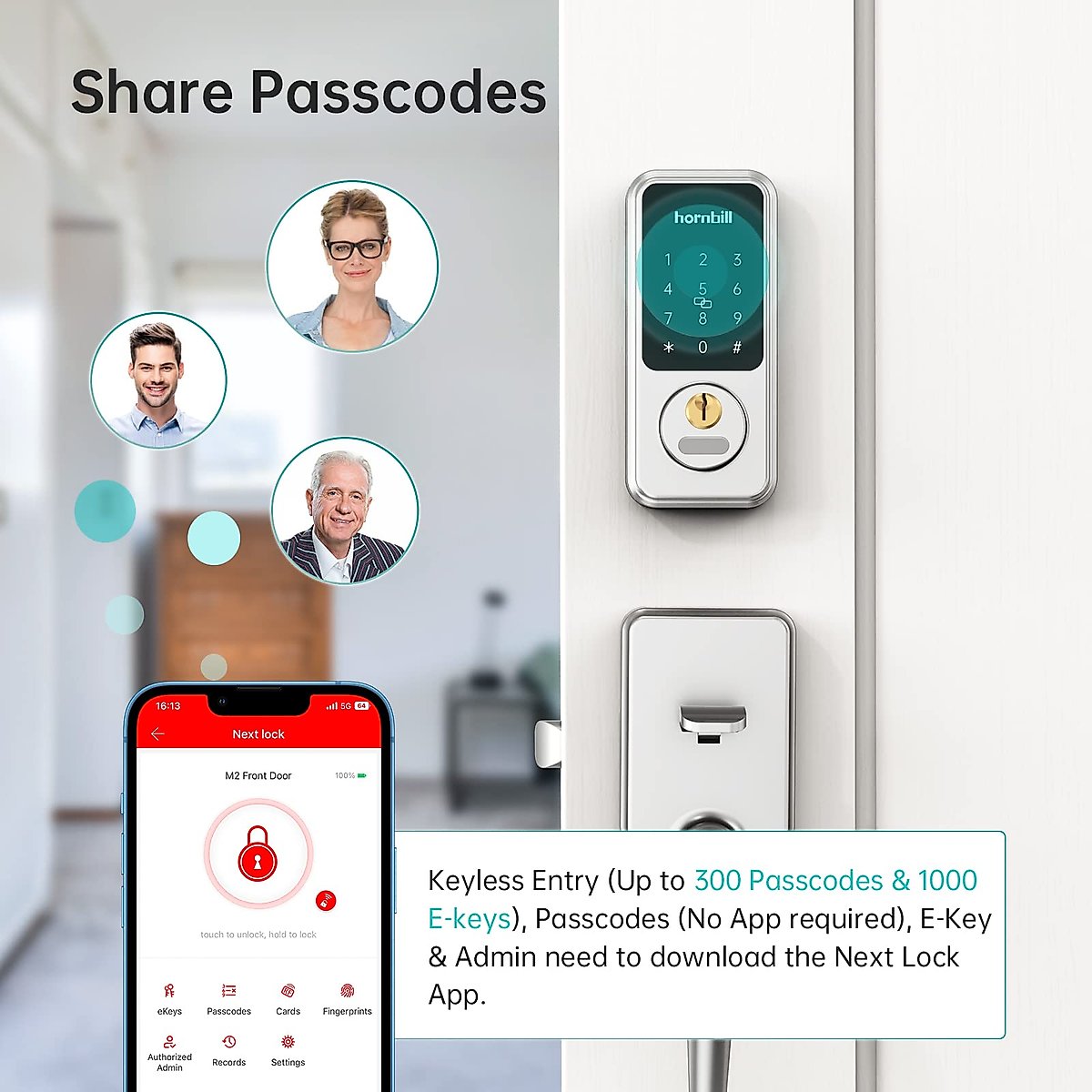 Smart Deadbolt Keyless Keypad Lock: Hornbill Smart Locks for Front Door, Digital Electronic Door Lock, Bluetooth Code Door Locks for Front Door