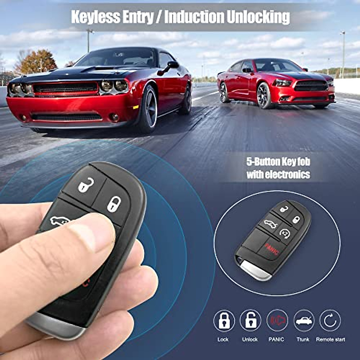 Key Fob Fits for Dodge Dart Charger Challenger 5-Button Keyless Entry Remote Control Car Key Fob, FCC ID M3N-40821302, Replace 56046759AA 56046759AB 56046759AC 56046759AD 56046759AE