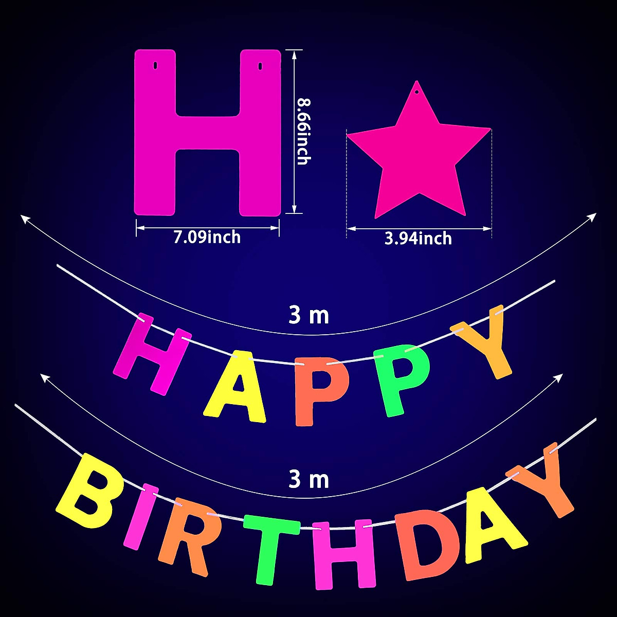 Glow Party Supplies Neon Party Supplies Set Glow in the Dark Happy Birthday Banner with UV Black Light Reactive Cake Topper Swirls Neon Fluorescent Latex Balloons Neon Stars for Birthday Glow Party