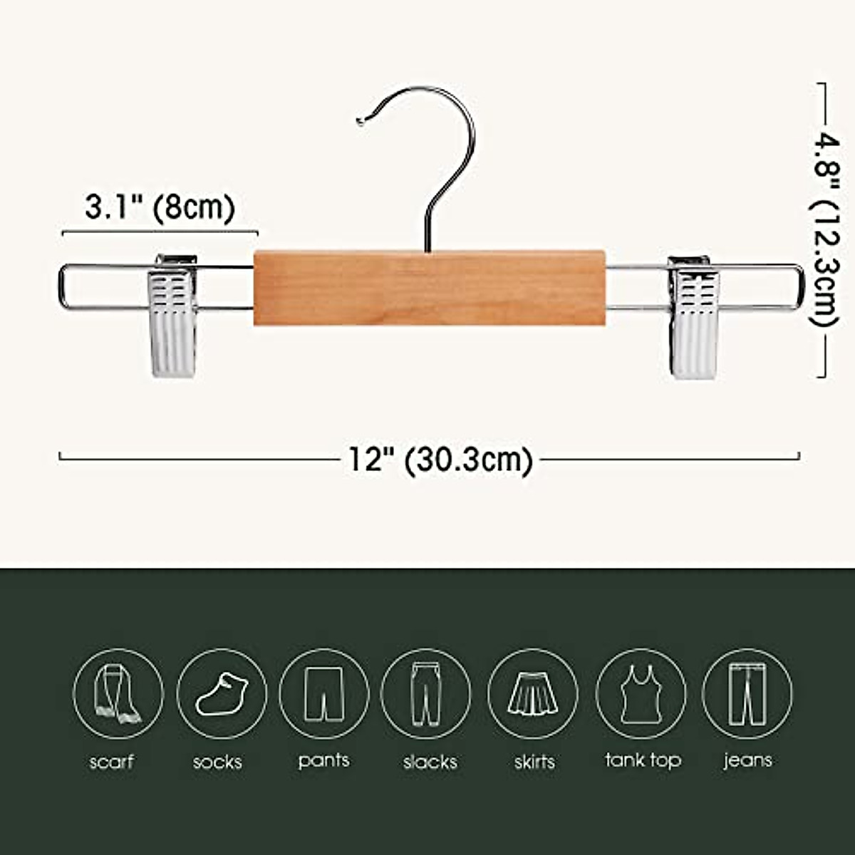 Ulimart Pants Hangers 20Pcs Skirt Hangers for Everyday Use,Wooden Pant Hangers for Adult for Kids,Pants Hangers with Clips Non-Slip,Anti-Rust Hook（Natural