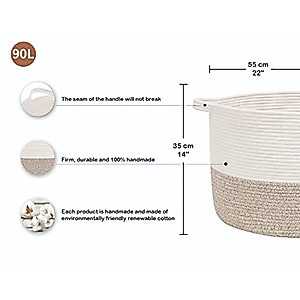 Volhouim XXXLarge Cotton Rope Basket for Organizing Baby Laundry Basket for Blankets Living Room Blanket Basket Cotton Rope Basket with Handle Collapsible Woven Basket Baby Toy Bin，22"x14" Light Brown