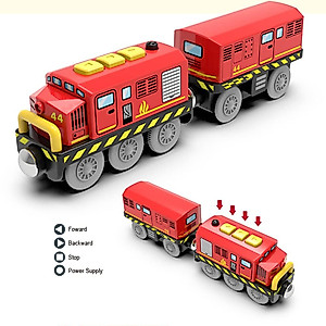 Wooden Train Track Accessories Battery Operated Locomotive Train, Motorized Train for Toddlers with Magnetic Connection, Powerful Engine Train Vehicles (Red Battery Operated Train with Lights)