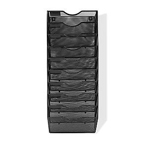 Orangepatrick 10 Tier Wall Mounted Hanging File Organizer Rack - Black Mesh Office or Classroom Holder Sorter for Documents, Magazines, Folders & More - Complete with File Folders and Label Stickers