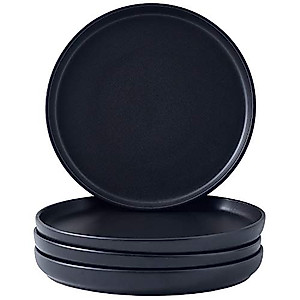 Bruntmor 11 Inch Ceramic Plate Set of 4, Round Ceramic Pasta Salad Plate for Dinner, Dinnerware Plates for Christmas Gift, Plates Set for 4, Dishwasher and Oven Safe, Black
