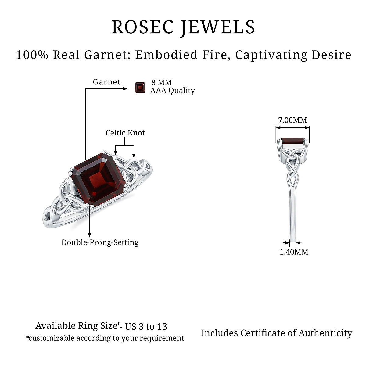 Natural Garnet 8 MM Asscher Cut Engagement Ring, AAA Quality, Certified Rhodolite Garnet Celtic Knot Ring (With Jewelry Box), 14K Rose Gold, Size:US 13.00