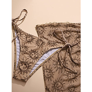 SOLY HUX Women's 3 Piece Swimsuits Print Halter Triangle Tie Side Bikini Bathing Suit with Cover Up Beach Skirt Brown XS