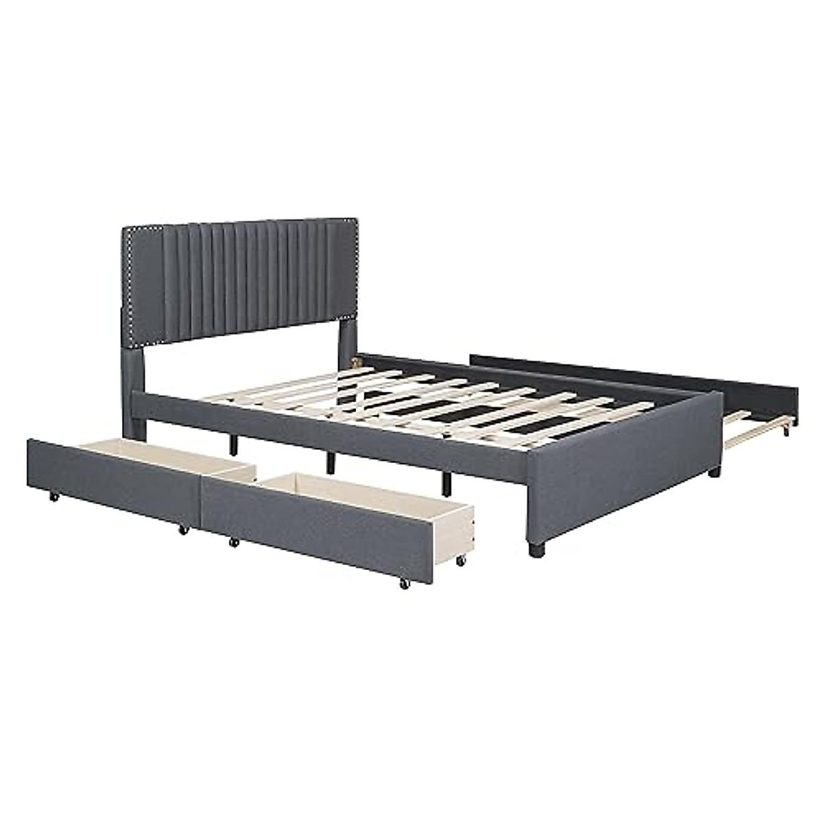 WADRI Queen Size Upholstered Platform Bed with 2 Drawers and 1 Twin XL Trundle, Linen Upholstered Platform Bed Frame with Wood Slats Support for Kids Teens Adult Bedroom (Gray + Linen 034)