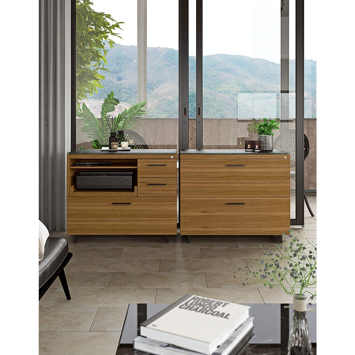 BDI Furniture Sequel 20 6116-35'' Locking Lateral 2-Drawer File Cabinet for Home or Office with Letter or Legal-Sized File Drawer, Satin-Etched Tempered Glass Top, Natural Walnut