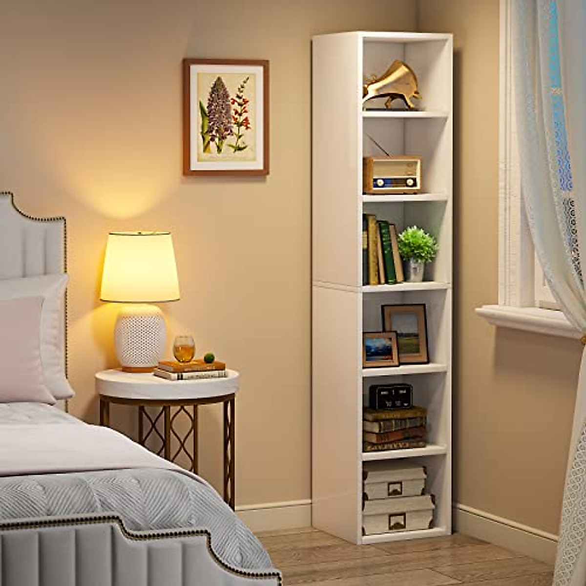 LITTLE TREE 70.9 Inch Tall Narrow Bookcase, Corner Bookshelf 6 Tier Cube Display Shelf Storage Organizer for Small Space