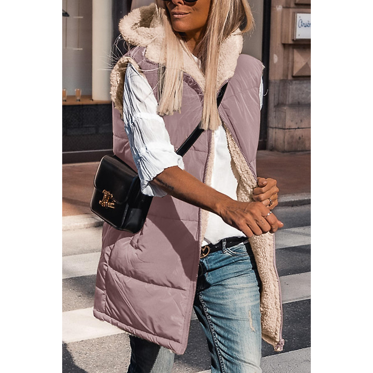 PRETTYGARDEN Womens 2024 Fall Reversible Vests Sleeveless Fleece Jacket Zip Up Hoodie Pockets Long Warm Winter Coat Outerwear (Bean Paste Pink,Medium)