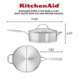 KitchenAid 3-Ply Base Brushed Stainless Steel Deep Saute Pan with Helper Handle and Lid, 4.5 Quart