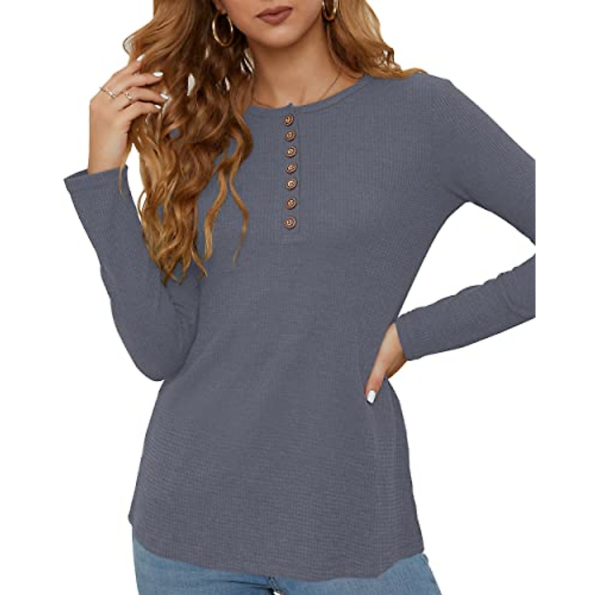WNEEDU Women's Waffle Knit Tops Casual Long Sleeve Blouses Slim Fit Button Down V Neck Henley Shirt(Dark Gray,L)