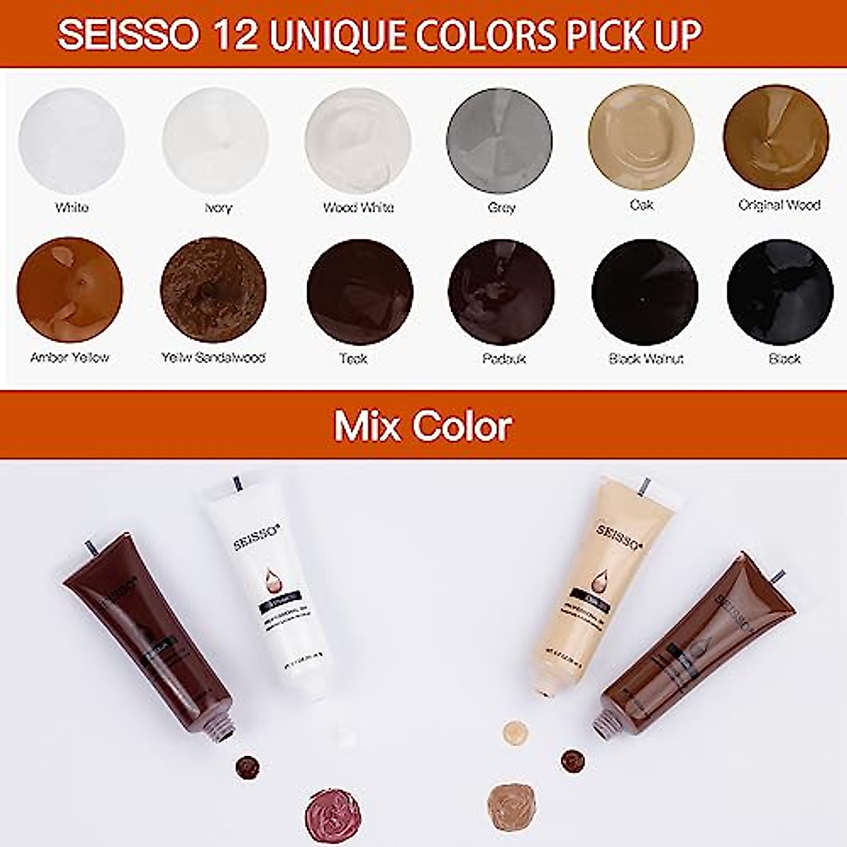SEISSO Wood Repair Kit Wood Touch up Paint Restore Any Wood Furniture Wood Stain, 12 Colors Cover Surface Scratch for Wooden Floor Table, Filler Furniture Paint Oak, Cabinet, Door, Veneer, Walnut,