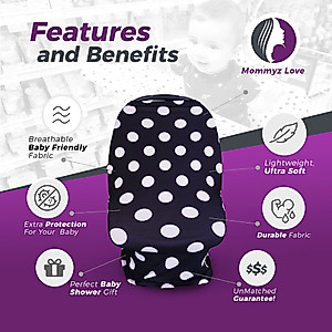 Nursing Breastfeeding Cover/Scarf + Baby Car Seat Cover/Canopy + Shopping Cart/Stroller Cover + High Chair Cover for Infant Girls and Boys. Best 4 in 1 Multi Use Stretchy Covers (Dots)