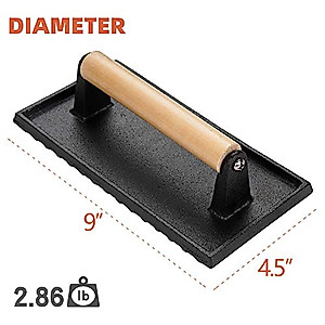 9 Inches Cast Iron Grill Press, Steak Weight Bacon Press with Wood Handle Pre-Seasoned Rectangular Barbecue BBQ Hamburger Sausage Panini Meat Griddle Press