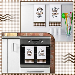 Ferraycle 4 Pieces Kitchen Towels, Coffee Kitchen Hand Towels, Dish Towels, Absorbent Decorative Dish Cloths, for Farmhouse Housewarming (Coffee Style)