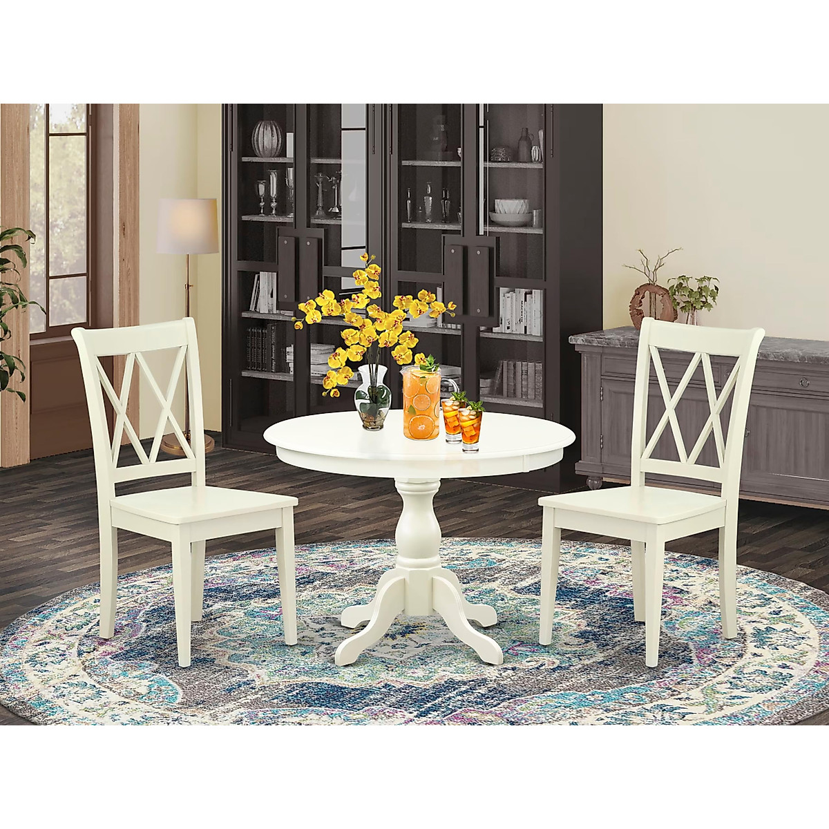 East West Furniture HBCL3-LWH-W 3 Piece Dinette Set for Small Spaces Contains a Round Dining Table with Pedestal and 2 Dining Chairs, 42x42 Inch, Linen White