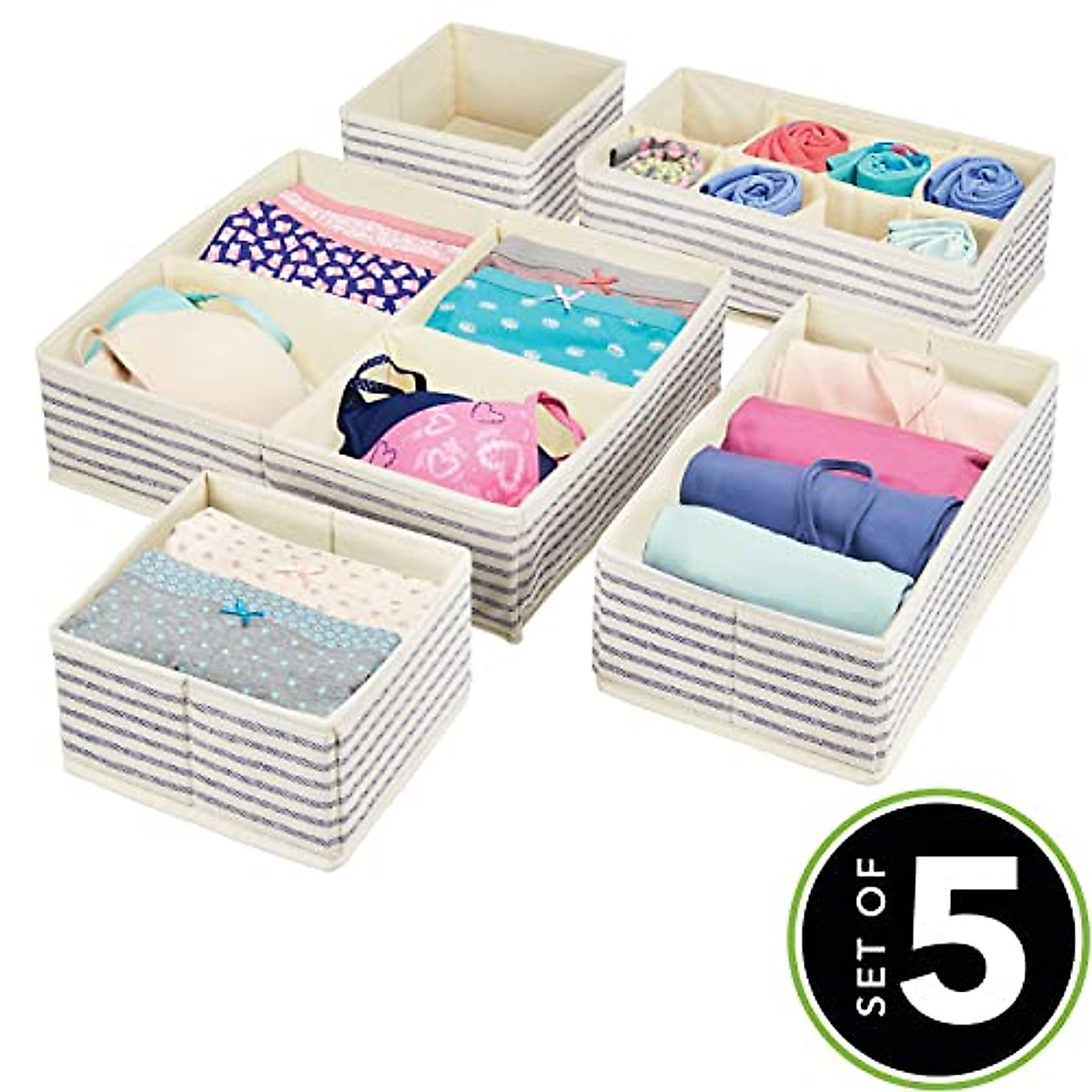 mDesign Soft Fabric Dresser Drawer/Closet Divided Storage Organizer Bins for Bedroom - Holds Lingerie, Bras, Socks, Leggings, Clothes, Purses, Scarves, Lido Collection - Set of 5 - Natural/Blue Stripe