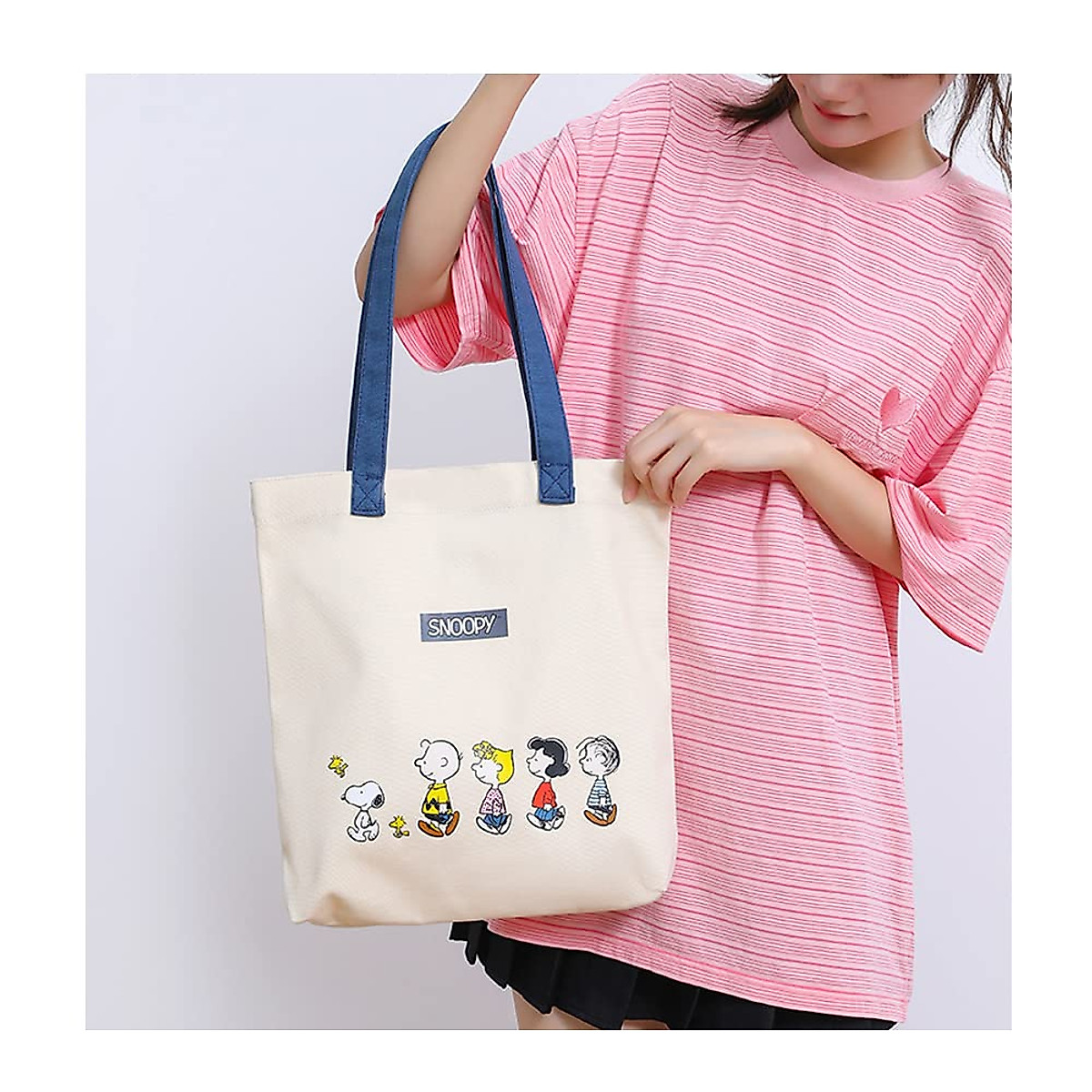 FINEX Woodstocks Genuine Peanuts Canvas Shoulder Tote Bag for small electronics books binders with Red Signature Zipper Pull