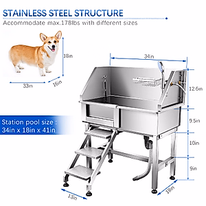 TELAM Small Dog Washing Station Stainless Steel 34'' Pet Grooming Tub Professional Pet Grooming Bathtub Bathing Station Small Dogs Cats Dog Wash Shower Sink with Push-in Walk-in Stairs