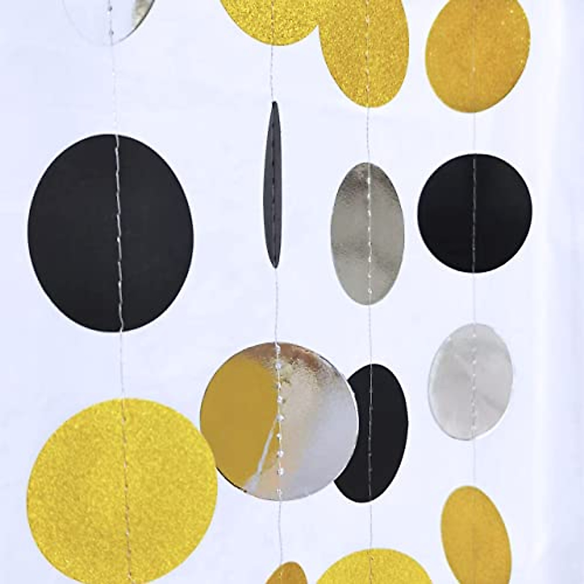 Black and Gold Circle Dots Garland Streamers Birthday Graduation Party Decorations, 52ft