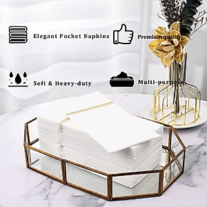 Nervure 100PCS Gold Paper Napkins with Built-in Flatware Pocket - White and Gold Prefolded Cloth Like Disposable Napkins - Heavy-duty Linen-Feel Dinner Napkins for Party & Wedding & Dinner