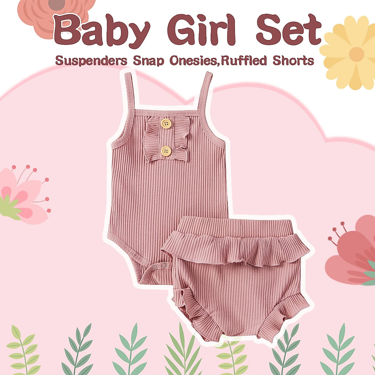 Dimoybabe Baby Girl Summer Clothes Bloomer Knit Cotton Outfits Infant Romper Strap Sleeveless Ruffle Light Pink 3-6 Months 80CM