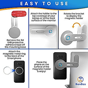 BanBas Magnetic Phone Holder for Laptop, Adjustable Phone Monitor Side Mount, Slim Suitable for All Mobile Devices, Compatible with iPhone, Silver