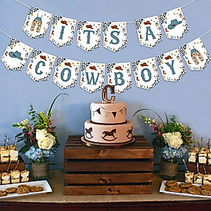 JOYMEMO It's A Cowboy Banner, Blue Cowboy Baby Shower Decorations for Boy, Western Little Cowboy Theme Decor Party Supplies