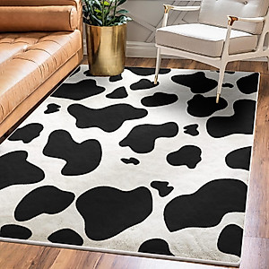 UntilPlan Printing Washable Rugs for Living Room, 4x6 FeetAnti-Skid Area Rug, Indoor Floor Carpet for Kitchen Entryway Laundry Dining Room, Kids Rugs for Bedroom Girls (Cow-Black, 4x6 ft)