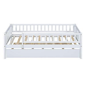 Hlcodca Twin Size Bed Frame with Trundle and Fence Guardrails for Kids Teens Adults, Wood Slat Support, No Box Spring Needed, Easy Assembly (White, Twin)