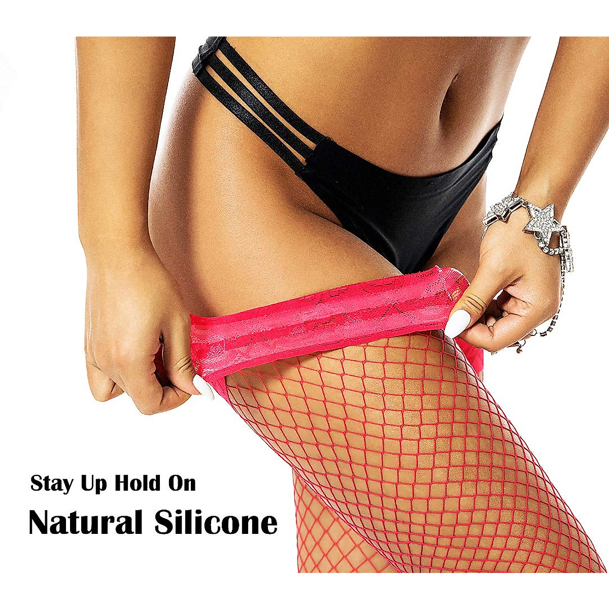 JarseHera Fishnets Thigh High stockings Silicone Lace Top Tights Stay Up Sheer Nylon Hosiery (1 Pair Red, L/XL)