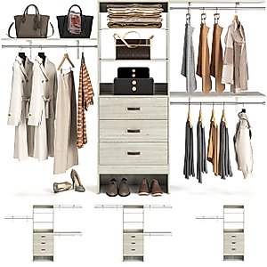 Armocity 96 Inches Closet System, 8FT Walk In Closet Organizer with 3 Shelving Towers, Heavy Duty Clothes Rack with 3 Drawers, Built-In Garment Rack, 96"L x 16"W x 75"H, Load 1000 LBS, White Oak