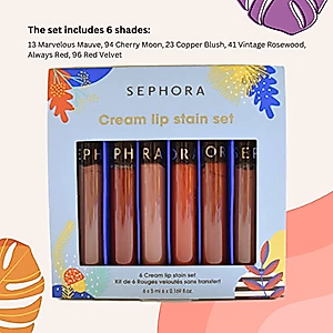 SEPHORA Collection Wishing You Cream Lip Stain Set:: 13 Marvelous Mauve, 94 Cherry Moon, 23 Copper Blush, 41 Vintage Rosewood, Always Red, and 96 Red Velvet