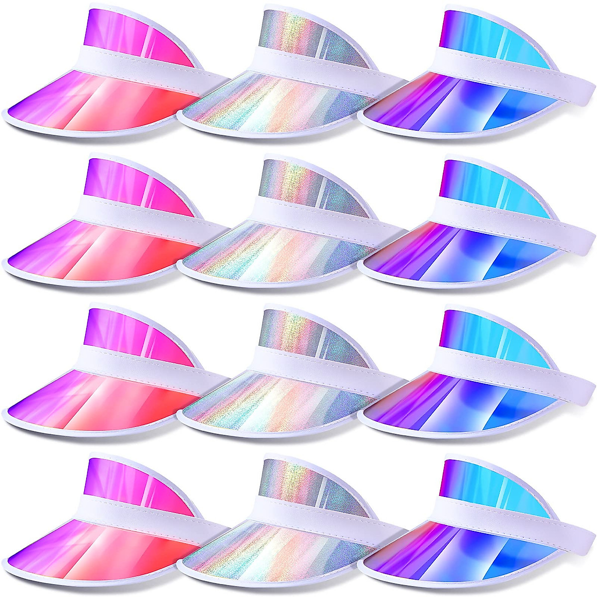 12 Pieces Sun Visor Hats Adjustable Beach Golf Cap Clear Visor Hats for Women Men UV Protection Translucent Hat for Outdoor (Silver, Purple, Blue)