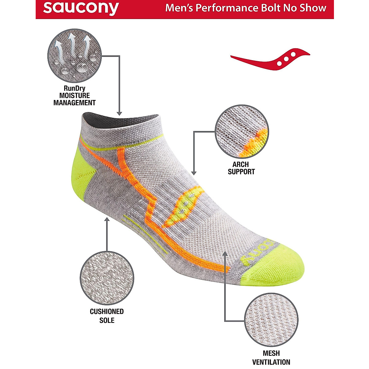 Saucony Men's Multi-Pack Bolt Performance Comfort Fit No-Show Socks, Orange (6 Pairs), Shoe Size: 8-12