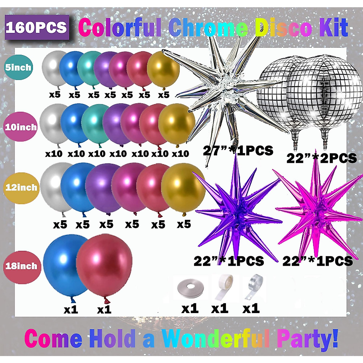 Woaipati 161pcs Shiny Chrome Balloon Garland Arch Kit Retro Disco Dance Party Decorations with 4D Disco Ball Balloons and Explosion Star Foil Balloons for 80s 90s Theme Neon Birthday Galaxy Supplies