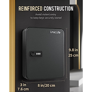Uniclife 28-Key Steel Key Cabinet with Combination Lock Wall Mounted Key Organizer with Resettable Code Black Digital Security Box with Hooks and Large Key Tag Labels Identifiers in 5 Assorted Colors