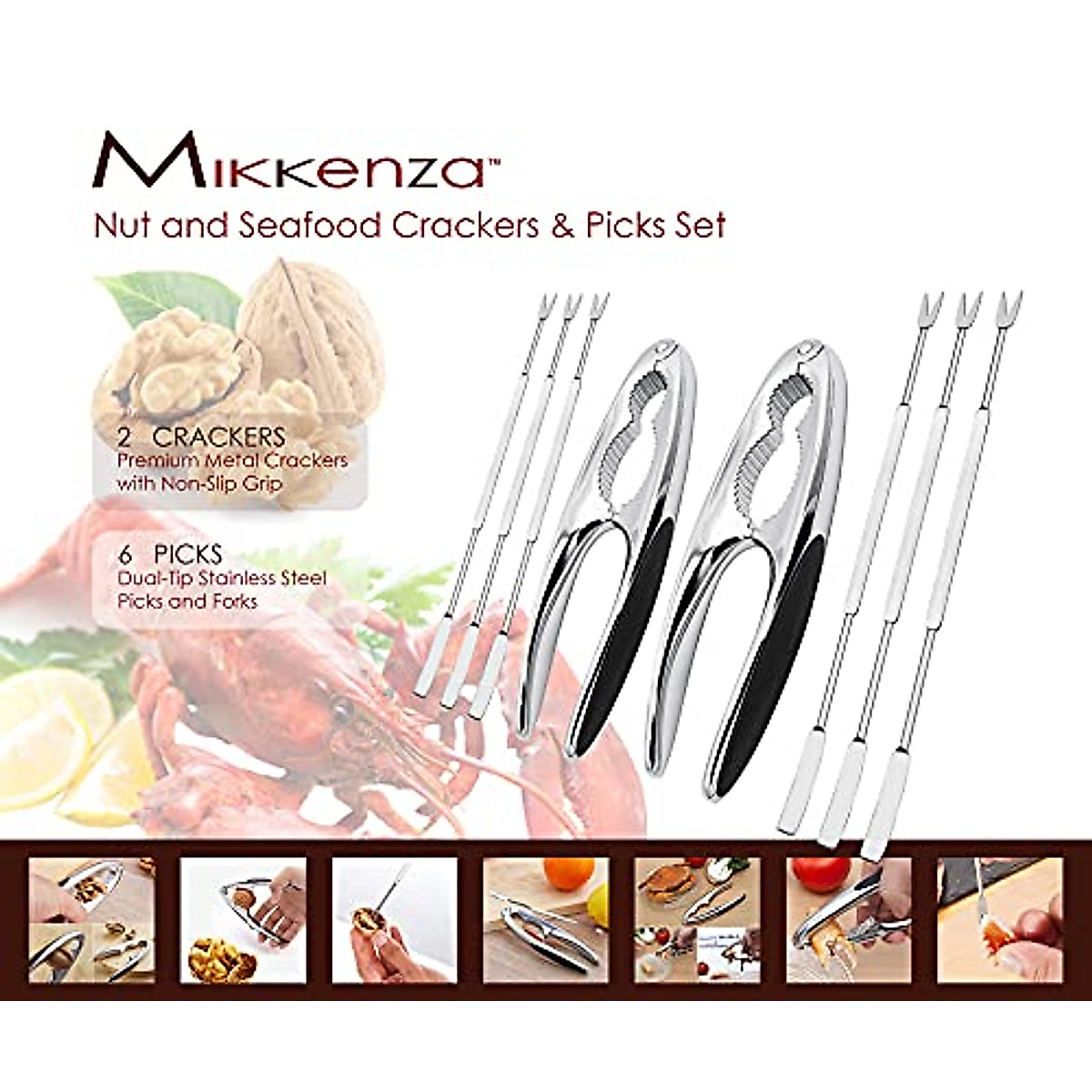 Lobster Crackers and Picks Set - Premium Metal Crab Crackers with Non-slip Grip; Stainless Steel Picks & Forks. Seafood Crackers for Crab Claws. Best Nut Cracker Tool for Pecan, Walnut, Nut Shells