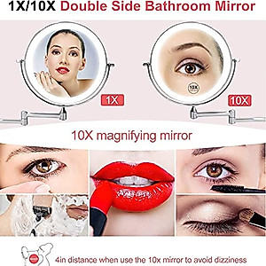 YSOLDA 8 Inch Dual Sided Wall Mounted Lighted Makeup Vanity Mirror with LED, 1X/10X Magnifying and 360° Swivel Extendable Cosmetic Mirror, Wall Mirror for Bathroom Shaving,Nickel,Hard Wired