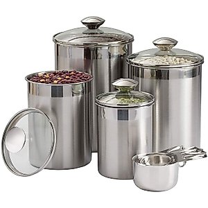 Kitchen Canister Set - Airtight Stainless Steel Canisters with Glass Lids - Clear See-Thru Top - Containers Set for Kitchen - Ideal for Food, Flour, Sugar, Coffee, Tea & Pantry Storage (8 Piece Large)