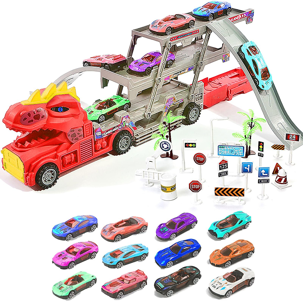 KAEGREEL Dinosaur Trucks Toys with Car Repair Tool Set for Kids 3 4 5 6 7 Year Old, Dinosaur T Rex Carrier Truck with 12 Catapult Cars, Dino Truck Vehicle Repair Tool Toys for Kids