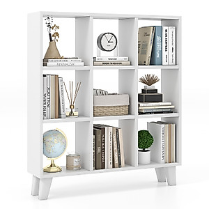 Giantex 9-Cube Open Bookcase, 3-Tier Freestanding Bookshelf with 4 Slanted Legs & 6 Removable Shelves, Modern Cubby Storage Organizer, Wood Display Book Shelf for Living Room Bedroom Study, White