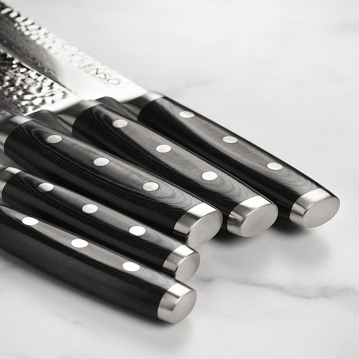 Enso Knife Set - Made in Japan - HD Series - VG10 Hammered Damascus Japanese Stainless Steel with Slim Gray Ash Knife Block - 7 Piece