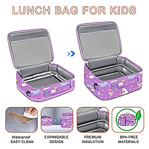 TORRYZA Kids Lunch Bag Expandable Lunch Box for Girls,Boys,Women, Double Insulated with 2 Reusable Storage Bags,Shoulder Strap&Bottle Holder to Cooler Thermal Meal Cute Tote for School Picnic-Unicorn